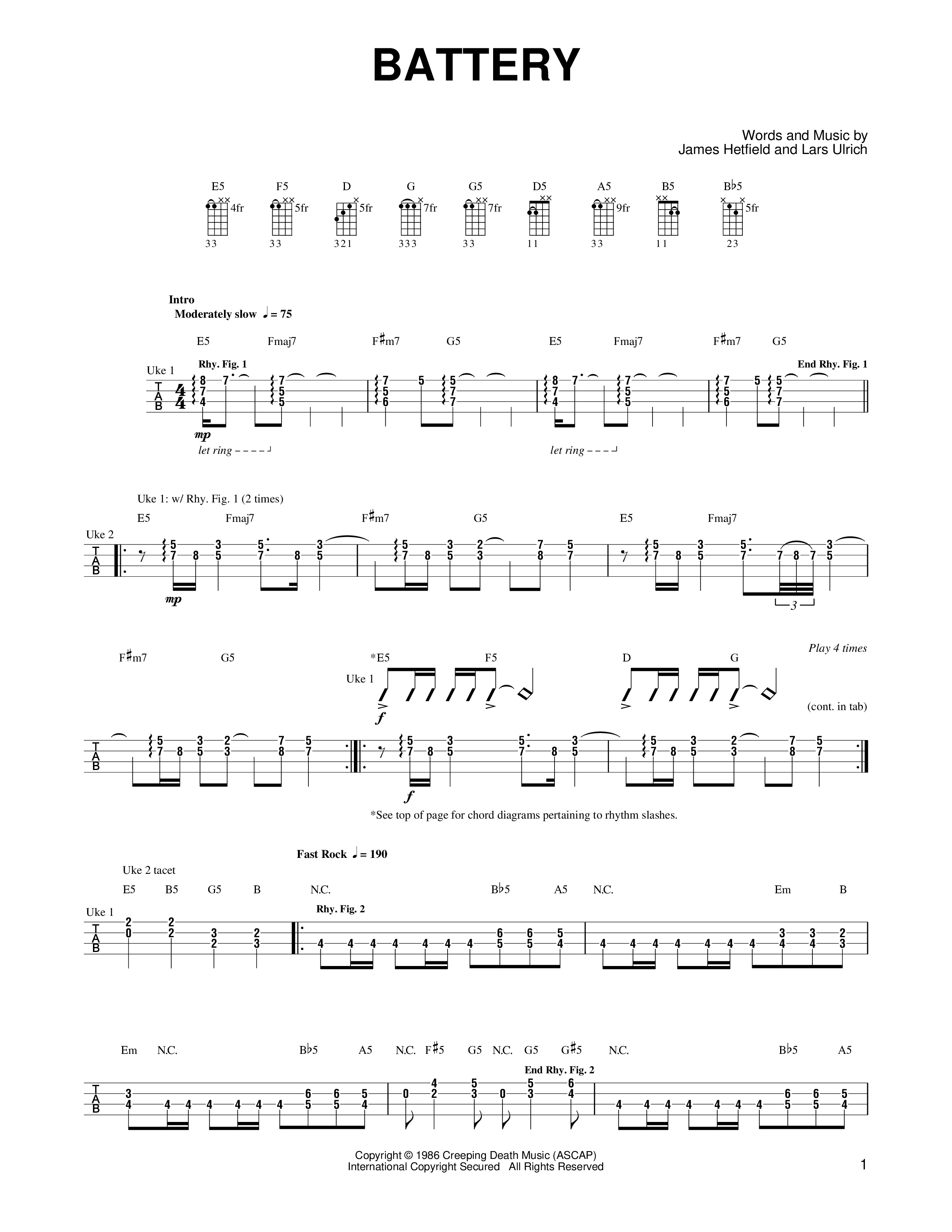 Play Official version of Battery sheet music by Metallica for Ukulele ...