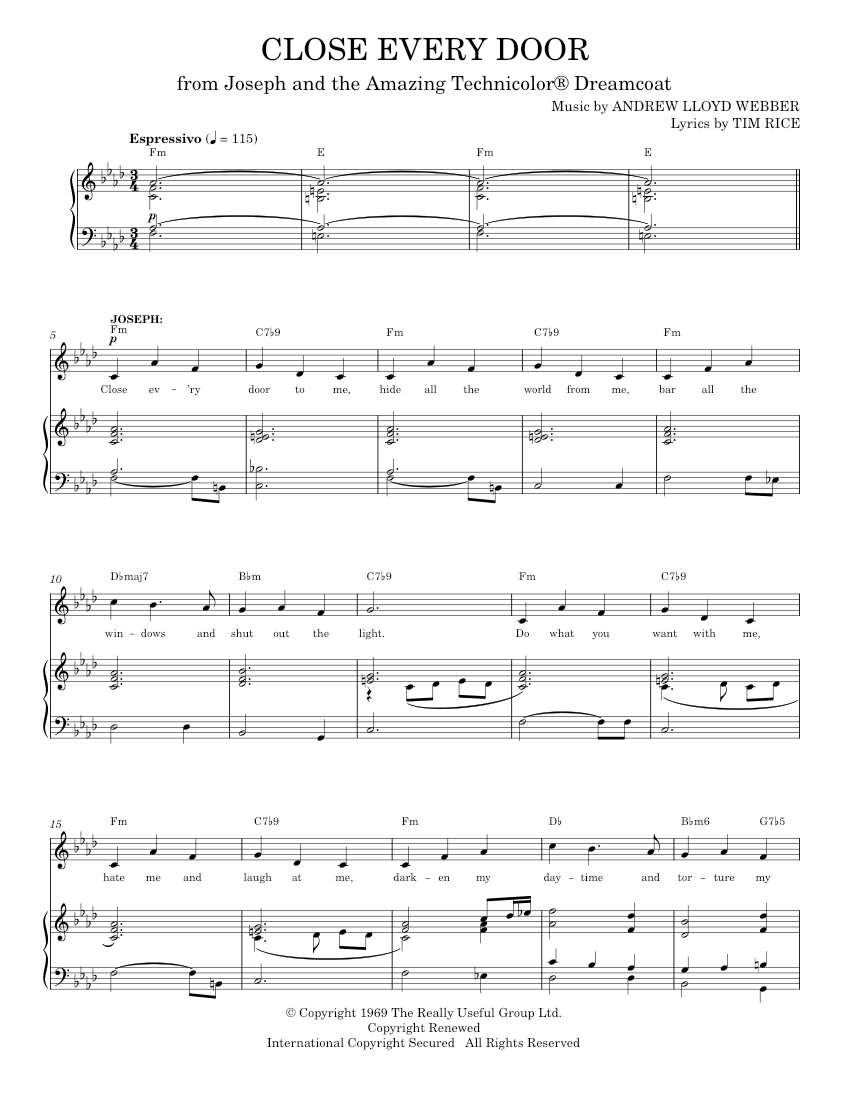 Play Official version of Close every door Sheet Music by Andrew Lloyd Webber for Piano, Vocals ...