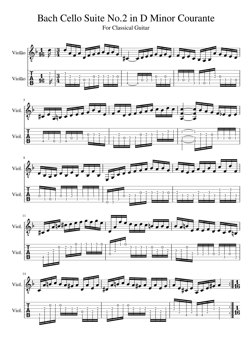 Bach Cello Suite No.2 in D Minor Courante (For Classical Guitar)+TAB ...
