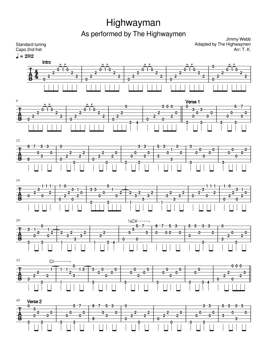 Highwayman - The Highwaymen Sheet Music and Tab for Guitar (Solo ...