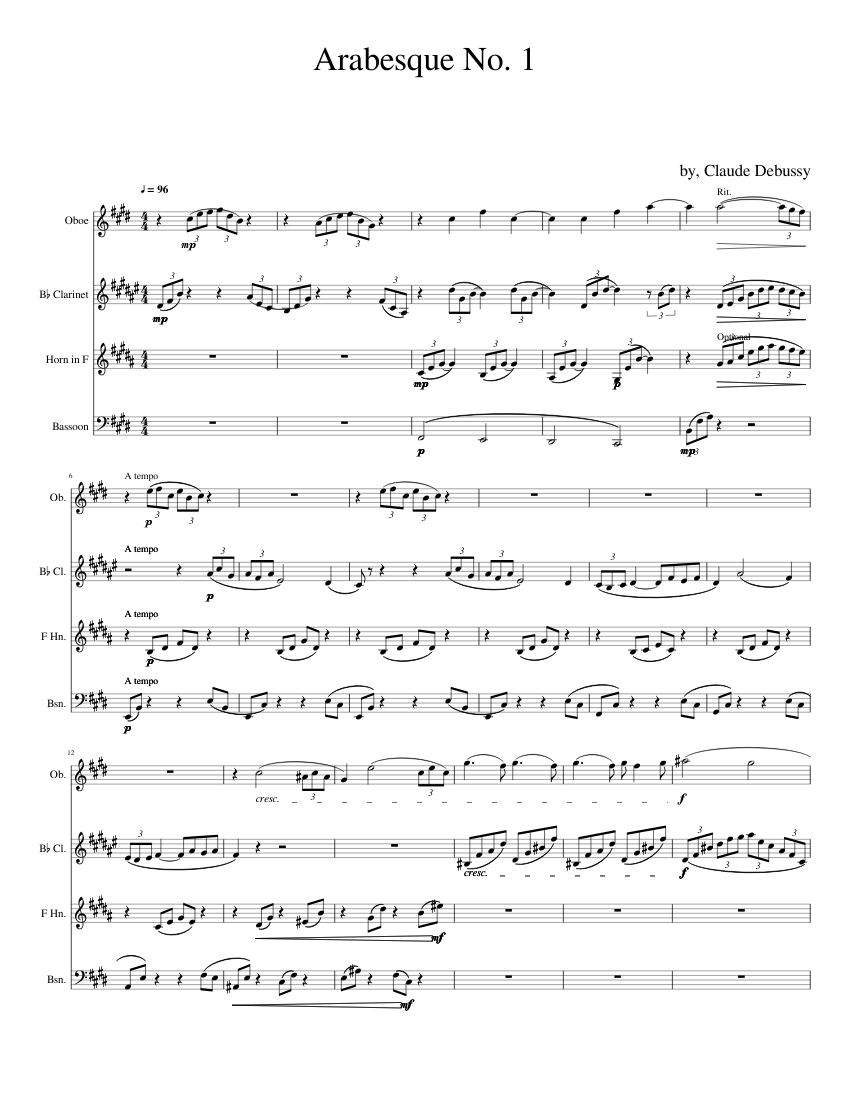 Arabesque No. 1 Sheet music for Clarinet (In B Flat), French Horn, Oboe, Bassoon (Mixed Quartet ...