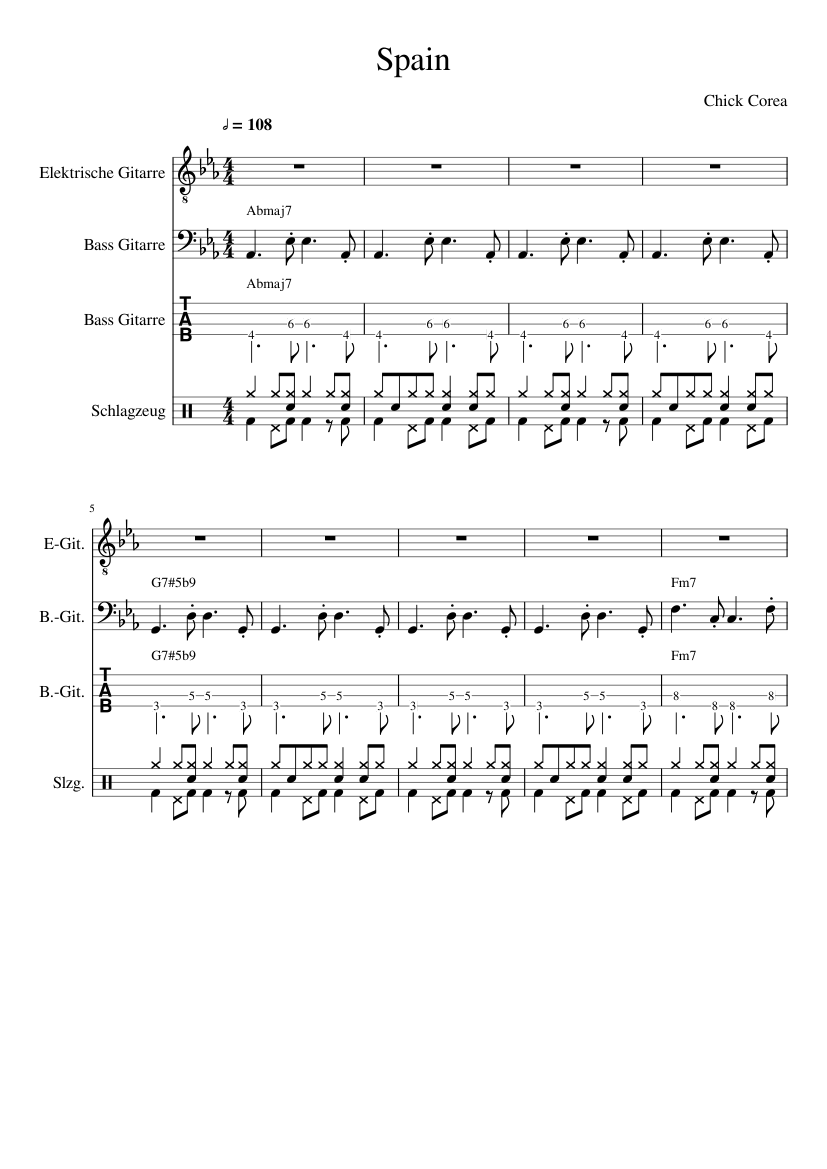 Spain Sheet music for Guitar, Bass guitar, Drum group (Mixed Quartet ...