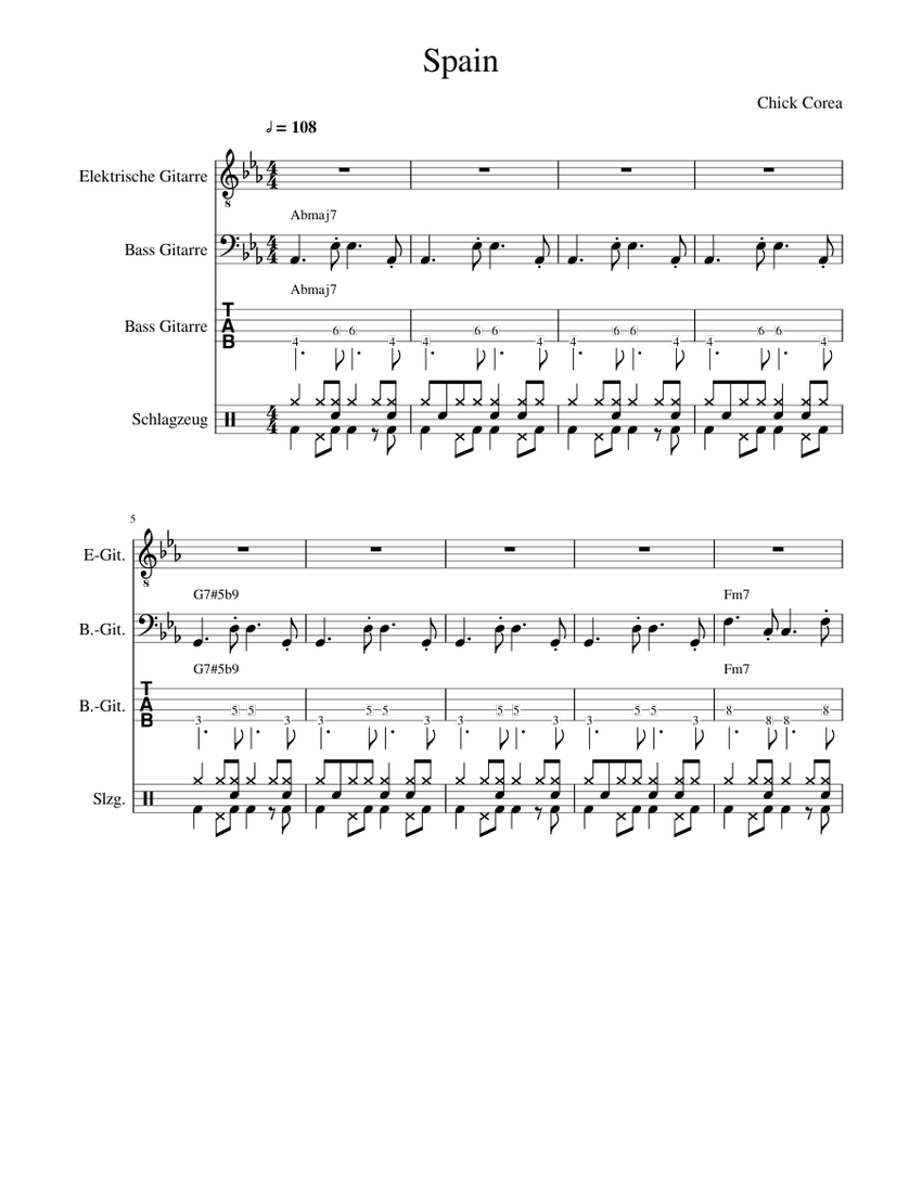 Spain Sheet music for Guitar, Bass guitar, Drum group (Mixed Quartet ...