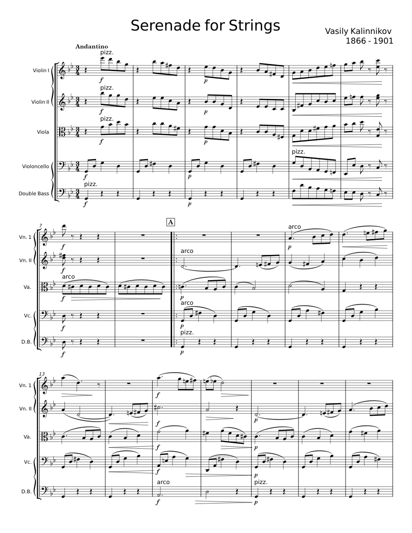 Serenade for Strings - Vasily Kalinnikov Sheet music for Violin, Viola, Cello, Strings group ...