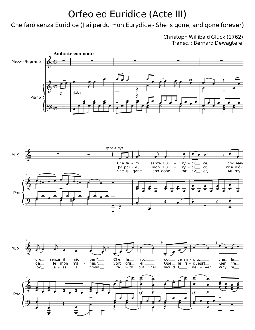 CHE FARO SENZA EURIDICE - Christoph Willibald Gluck Sheet music for Piano, Synthesizer (Mixed ...