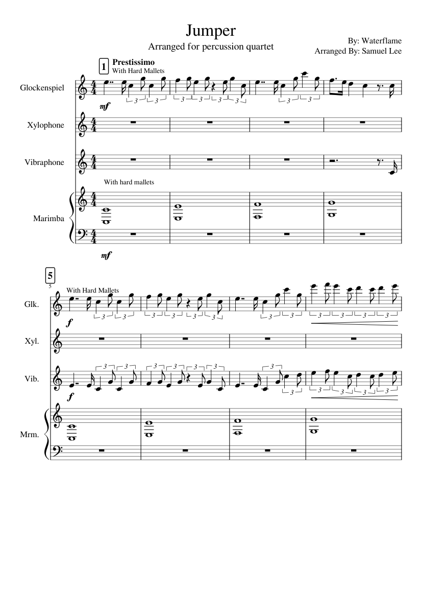 Jumper Sheet music for Vibraphone, Glockenspiel, Marimba, Xylophone (Percussion Quartet ...