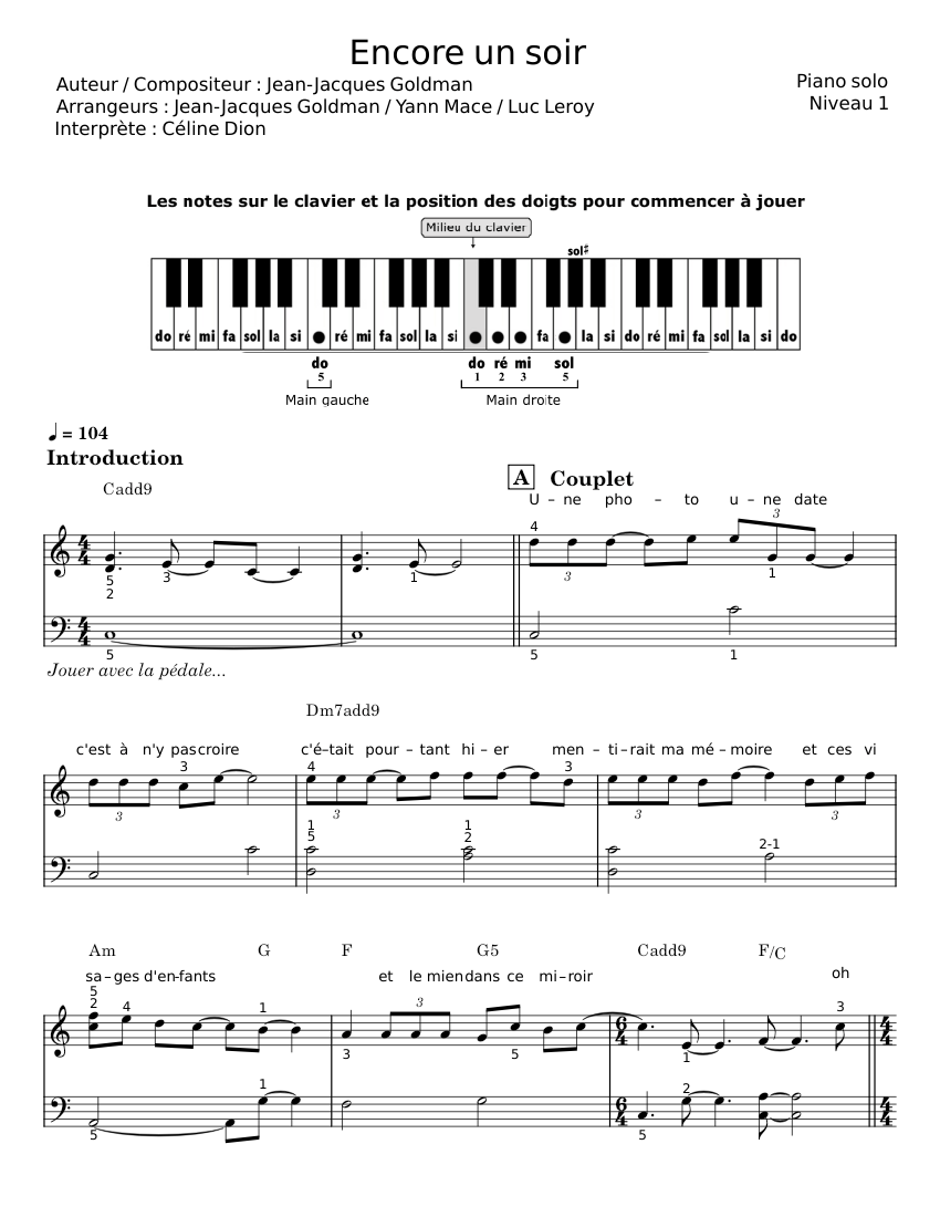 Encore un soir - Jean-Jacques Goldman Sheet music for Piano (Solo) Easy ...