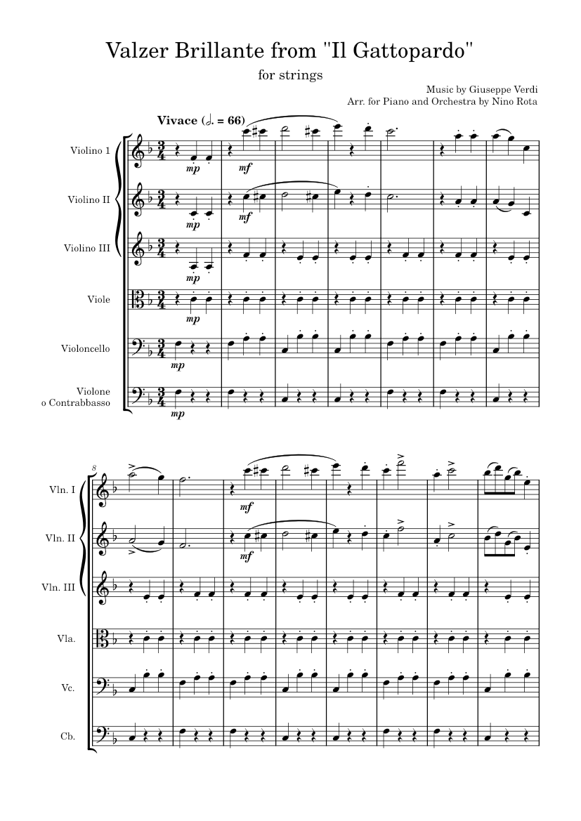 Valzer Brillante from Il Gattopardo for strings – Verdi/Rota Sheet ...