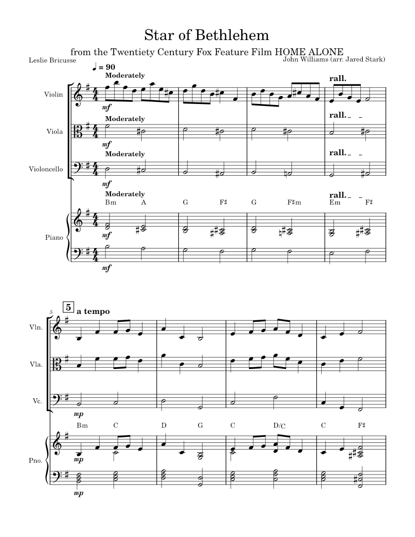 Star of Bethlehem – John Williams (Violin, Viola, Cello, Piano) Sheet ...