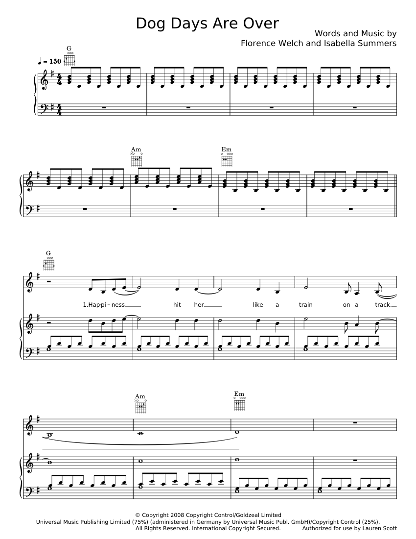 Dog Days Are Over - Florence + The Machine Sheet Music with Chords for ...