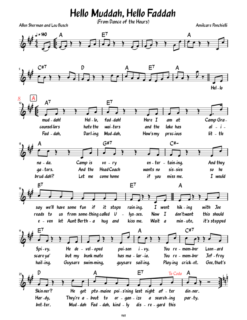 Hello Muddah, Hello Faddah (Lead sheet with lyrics ) Sheet music for ...