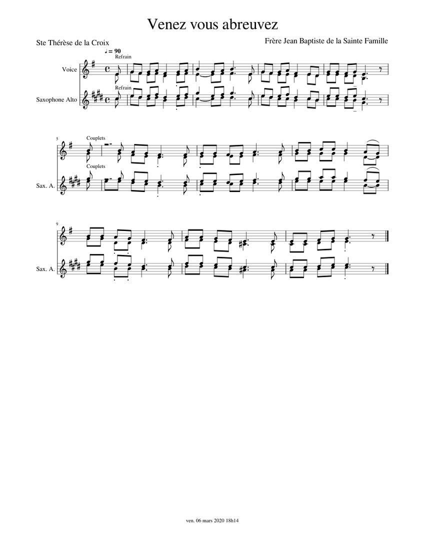 Venez vous abreuver Sheet music for Saxophone alto, Voice (other ...