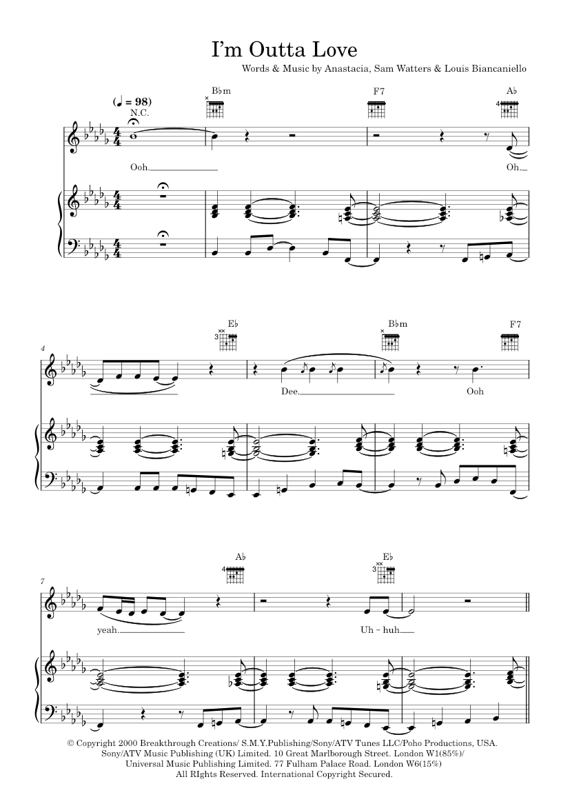 I'm Outta Love Sheet music for Piano, Vocals by Anastacia Official ...