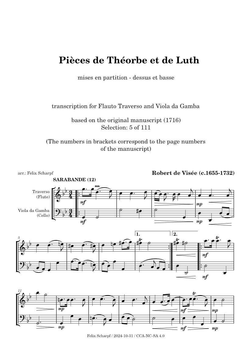 Pieces de Théorbe et de Luth - Robert de Visée - for Flute and Cello ...