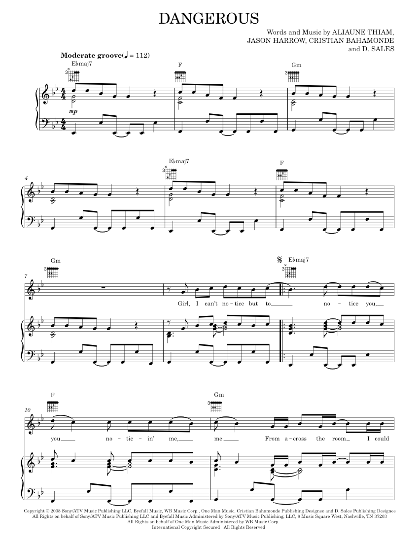 Play Official version of Dangerous sheet music by Akon, Akon featuring Colby O'Donis & Kardinal ...