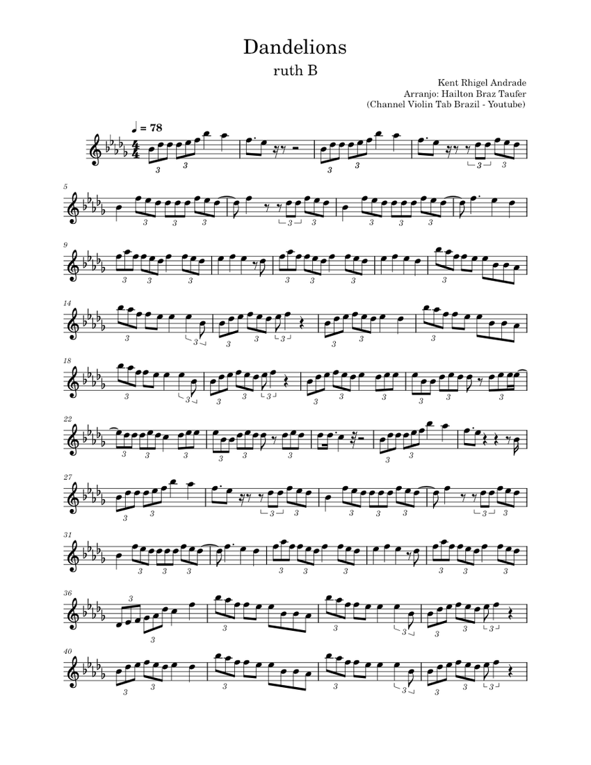 Dandelions Ruth B (Channel Violin Tab Brazil - Youtube) Sheet music for ...