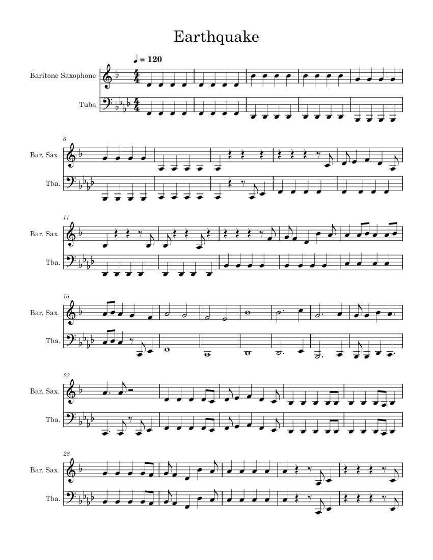 Earthquake Tuba and Bari Sheet music for Tuba, Saxophone baritone ...