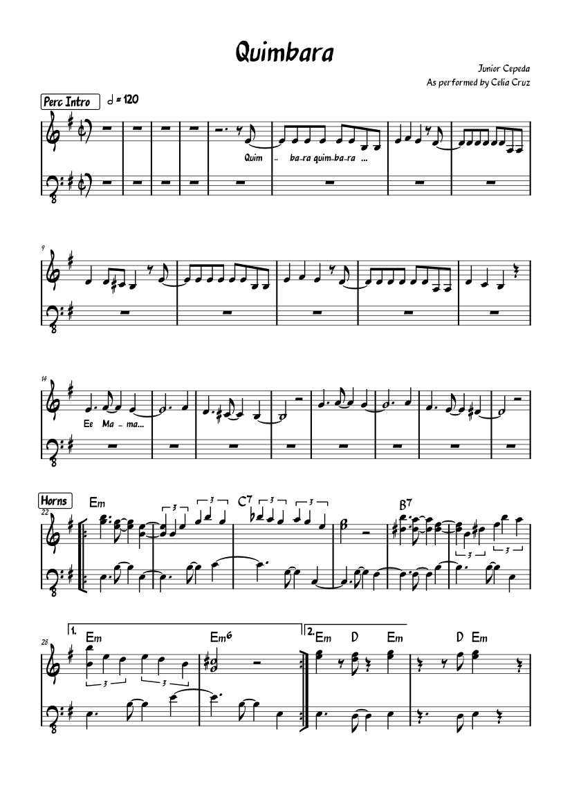 Quimbara - Celia Cruz Sheet Music for Piano, Bass guitar (Mixed ...
