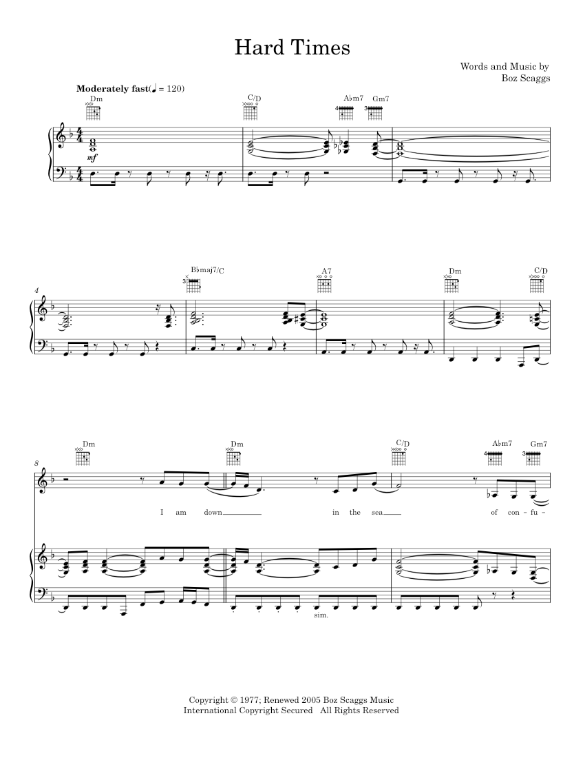 Play Official version of Hard times Sheet Music by Boz Scaggs for Piano ...
