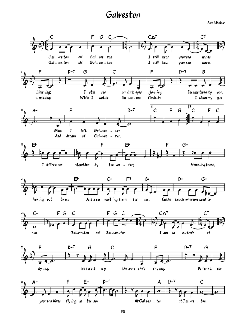 Galveston (Lead sheet with lyrics ) Sheet music for Piano (Solo) Easy ...