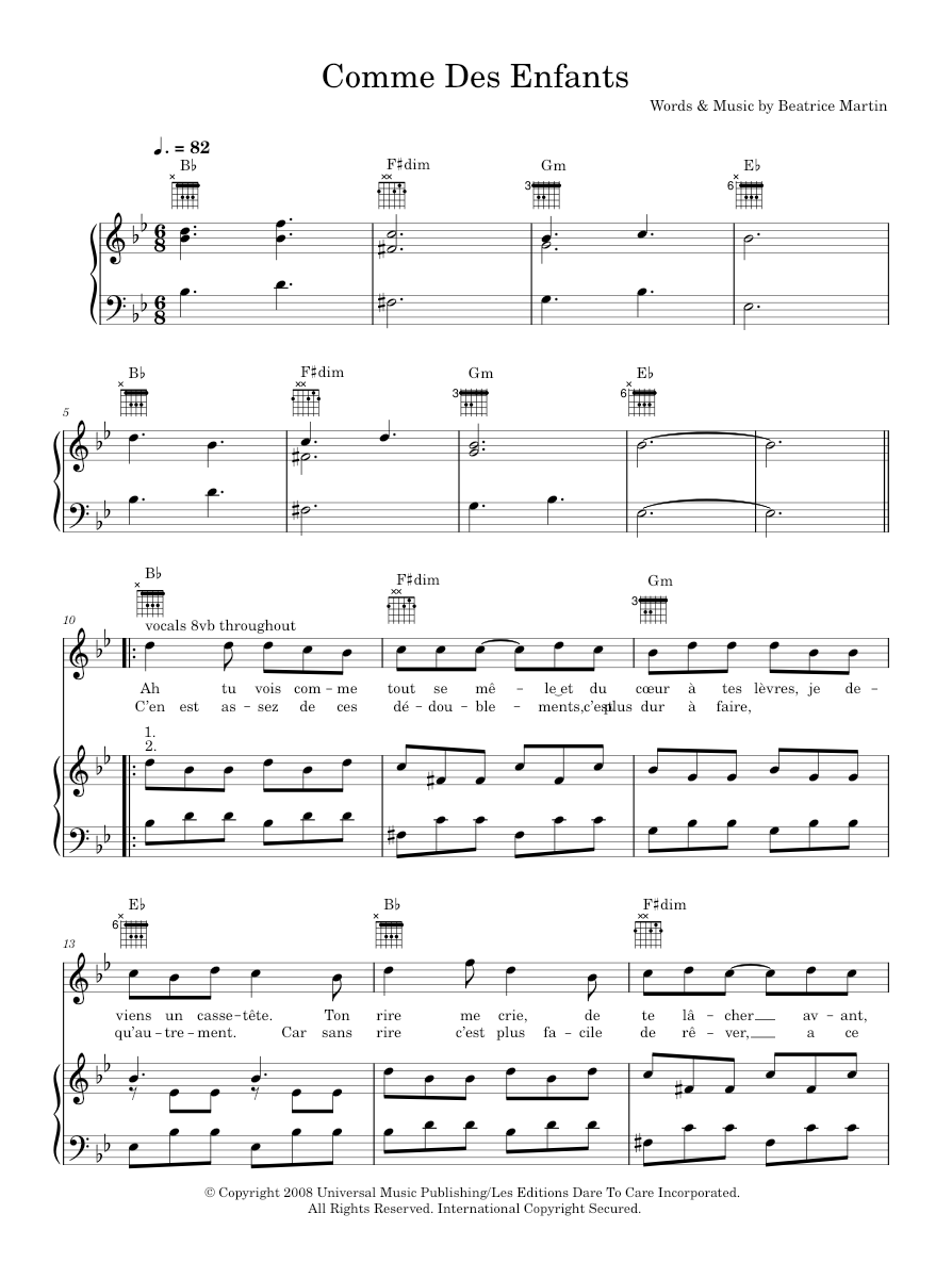 Play Official version of Comme Des Enfants sheet music by Coeur de ...