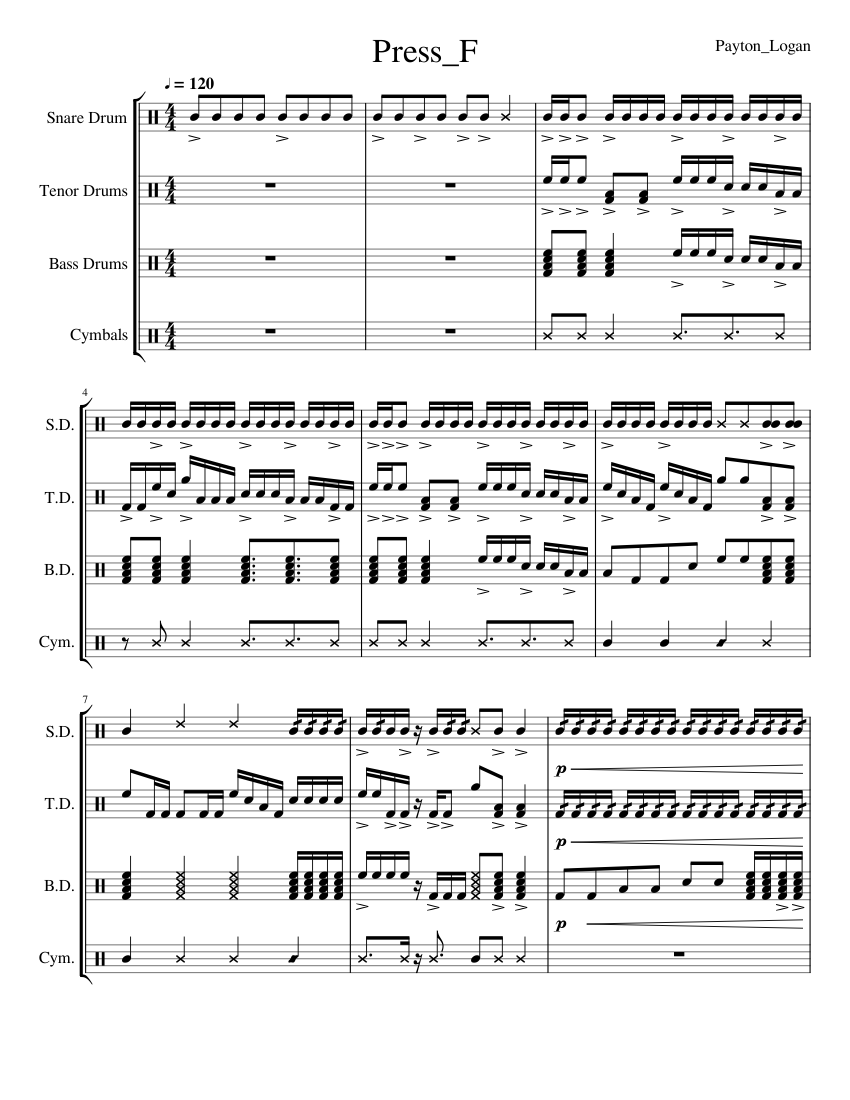 Press_F Sheet music for Snare drum, Crash, Tenor drum, Bass drum (Mixed ...