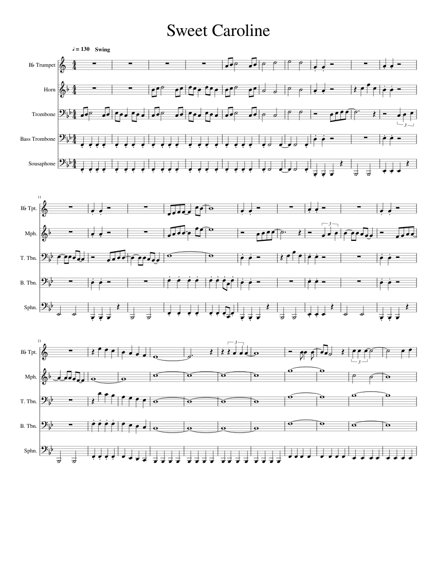 Sweet Caroline by Niel Diamond Sheet Music for Mellophone, Trombone ...