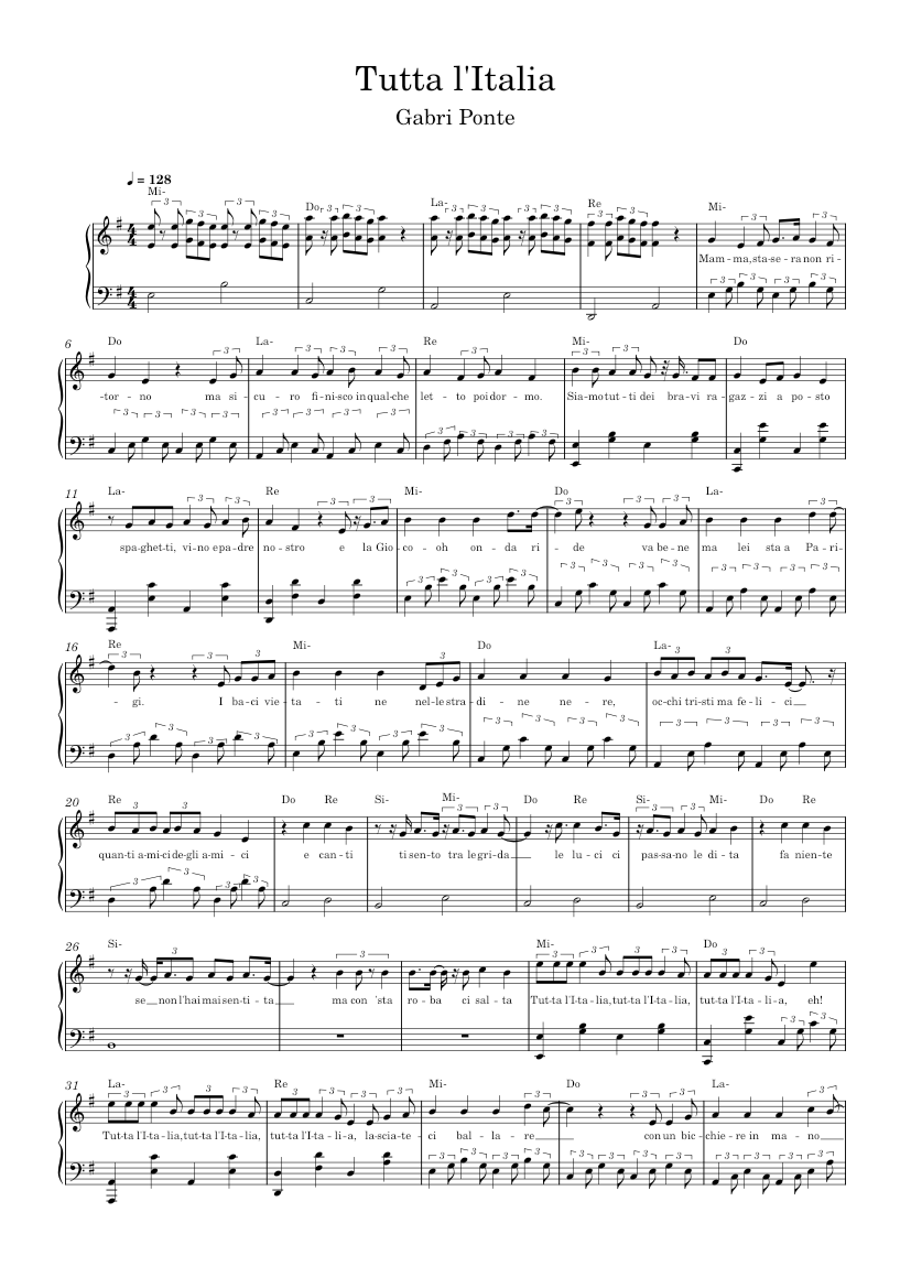 Tutta l'Italia - Gabri Ponte Sheet Music with Chords for Piano (Solo ...