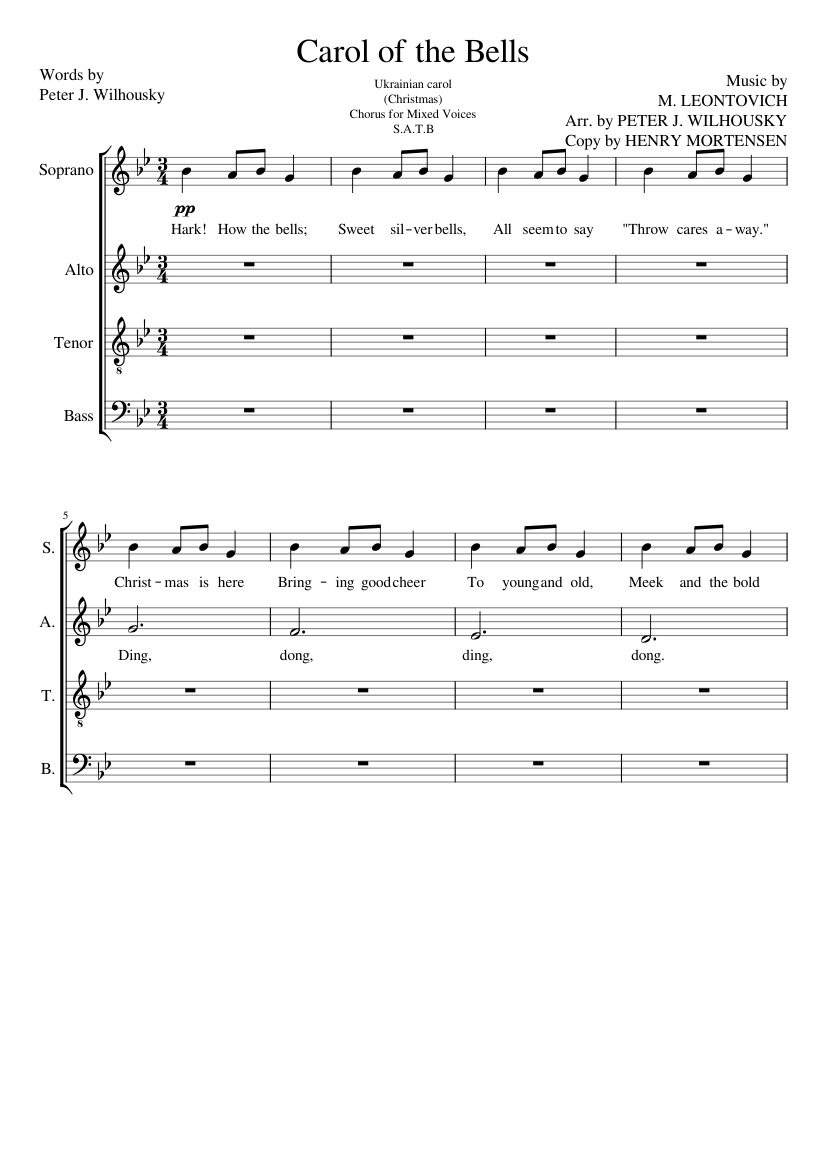 Carol_of_the_Bells Sheet music for Soprano, Alto, Tenor, Bass voice ...