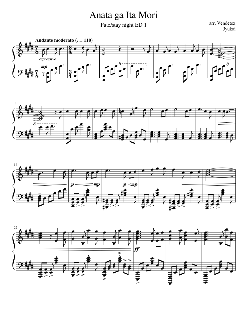 Fate/stay night (2006) ED 1 - Anata ga Ita Mori Sheet music for Piano ...