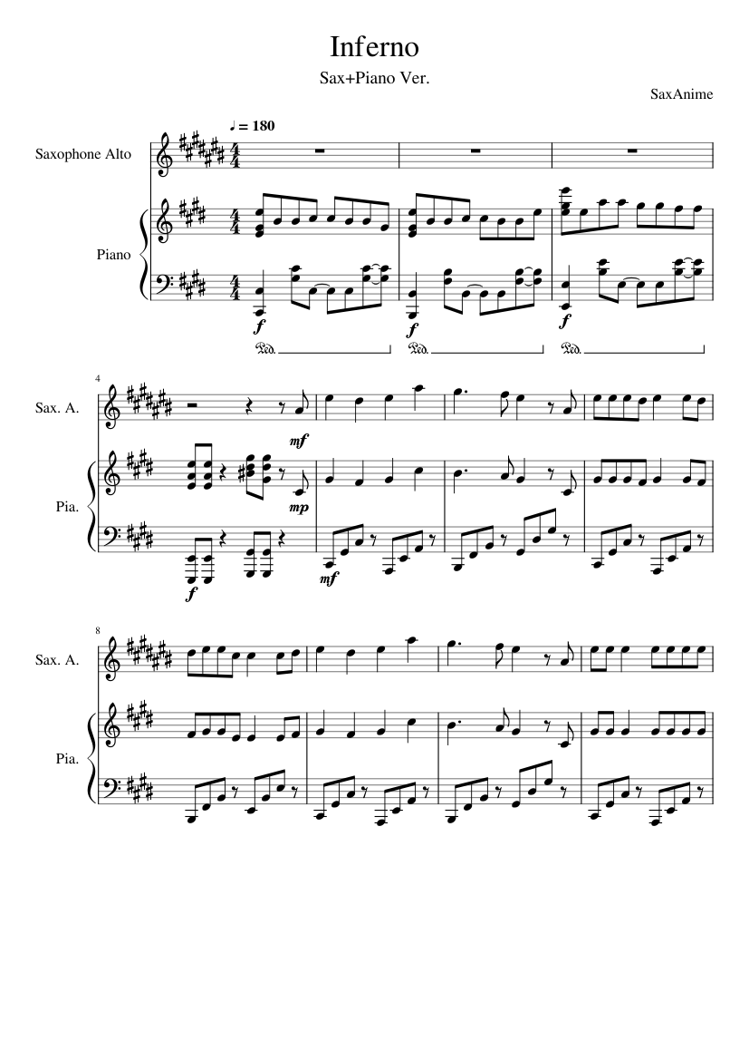 Inferno Sax/Piano - Fire Force OP1 Sheet music for Piano, Saxophone ...