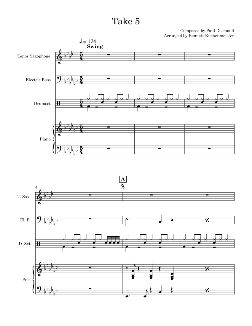 Take 5 Sheet music for Piano, Saxophone tenor, Bass guitar, Drum group ...