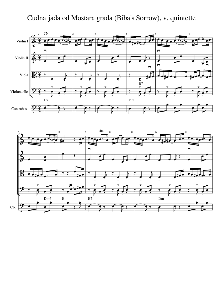 Cudna jada od Mostara grada, v. quintette Sheet music for Contrabass ...