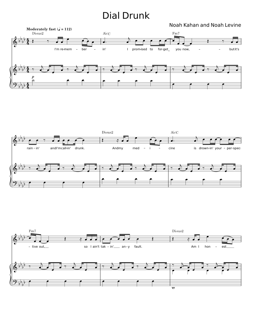 Dial Drunk - Noah Kahan Sheet Music with Chords for Piano, Synthesizer ...