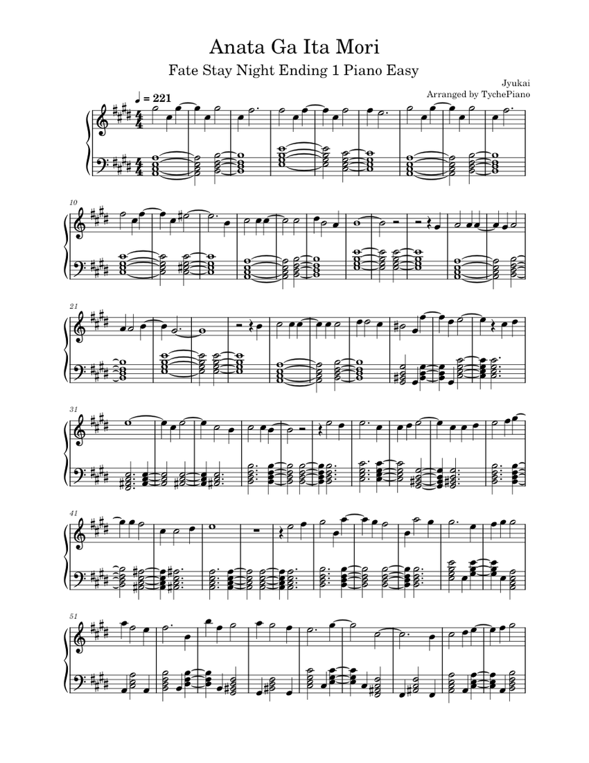 Anata ga Ita Mori – Jyukai Fate Stay Night Ending 1 full Piano Sheet ...
