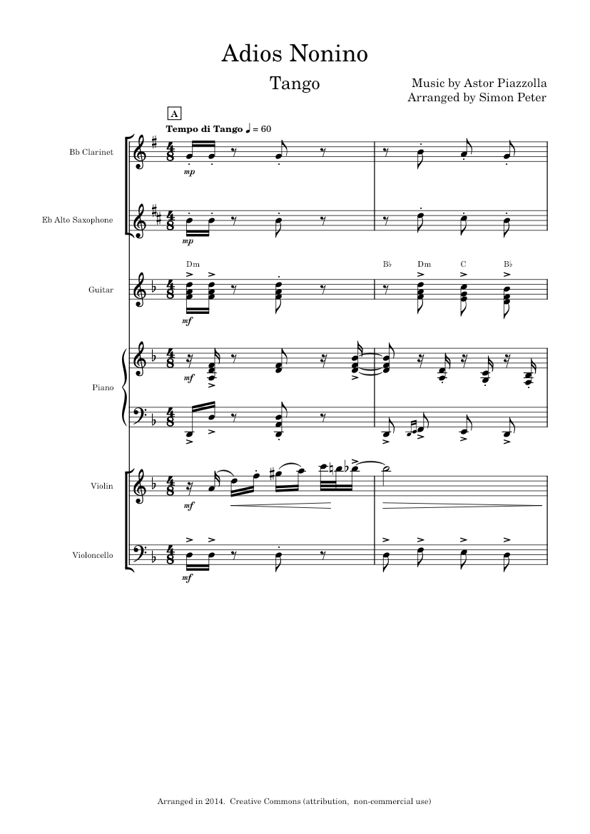 Adios Nonino – Astor Piazzolla Sheet Music for Piano, Clarinet in b ...