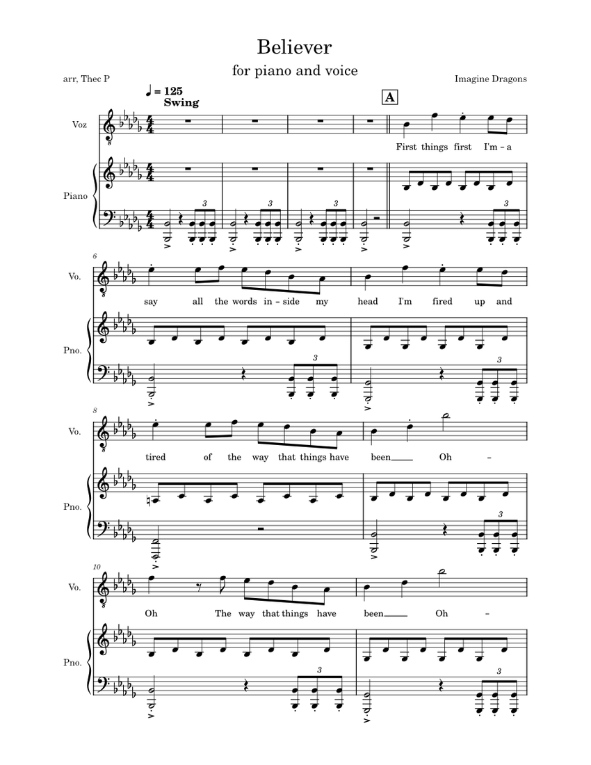 Believer – Imagine Dragons Sheet music for Piano, Vocals (Piano-Voice ...