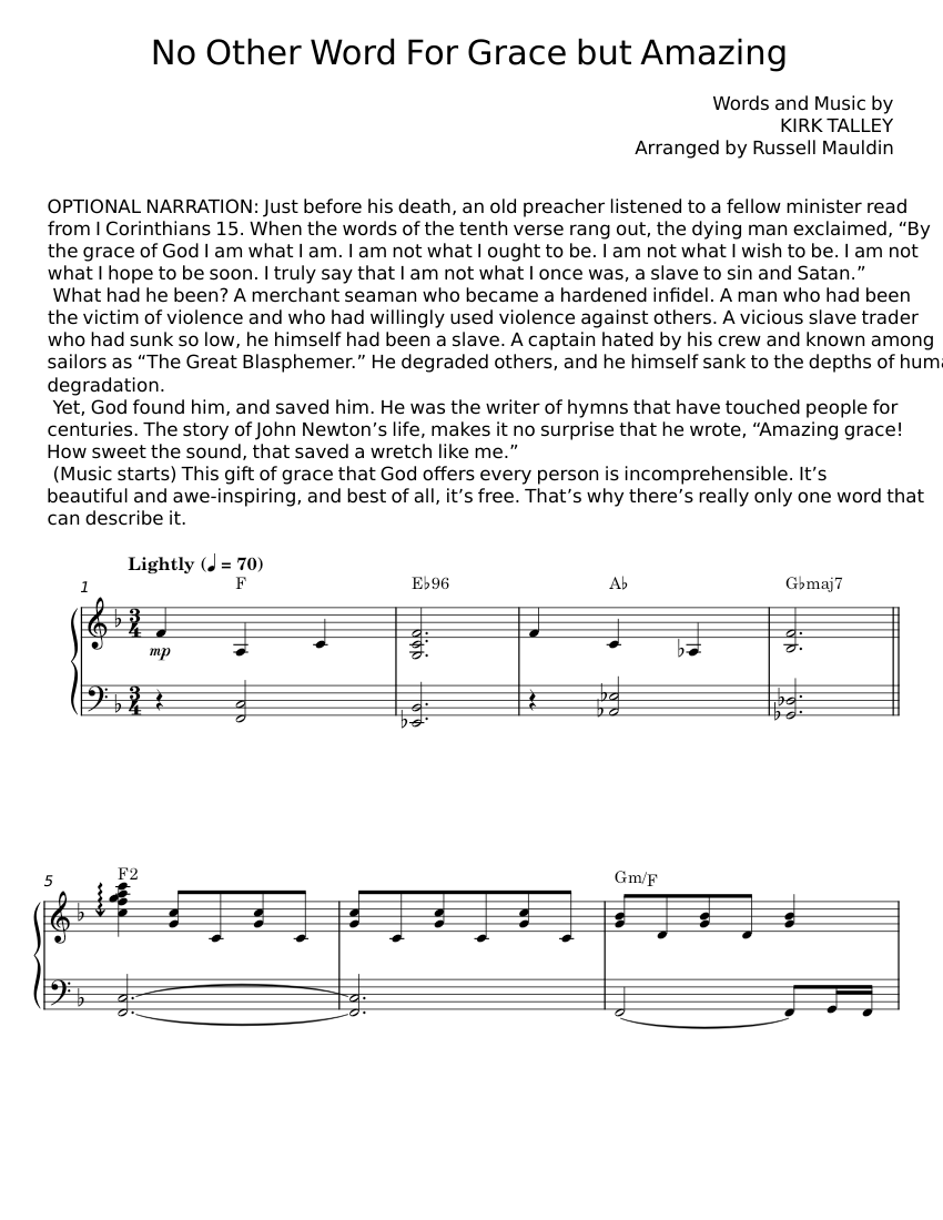 No Other Word For Grace But Amazing KIRK TALLEY Sheet Music For Piano No Other Word For Grace But Amazing KIRK TALLEY Sheet Music For Piano