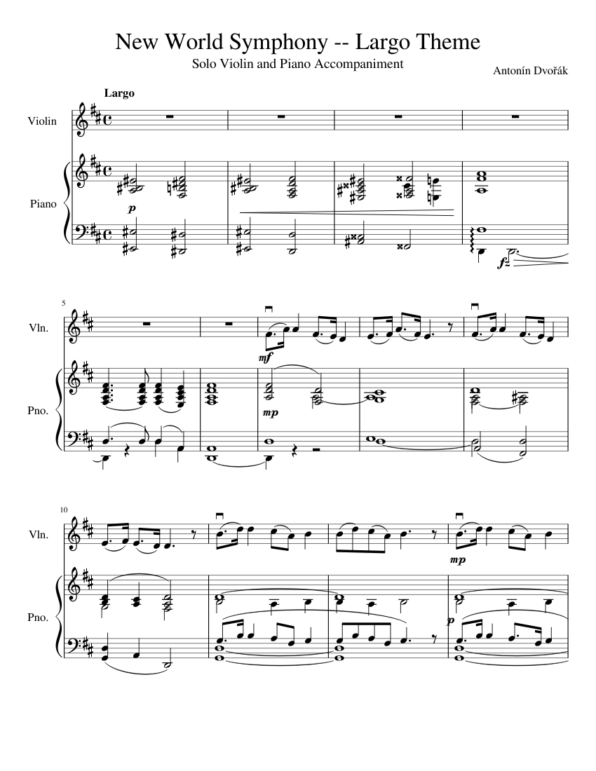 New World Symphony Largo Theme Sheet Music for Piano, Violin (Solo ...