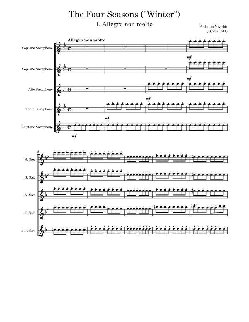 The Four Seasons: Winter: Allegro Non Molto - Antonio Vivaldi Sheet music for Saxophone alto ...