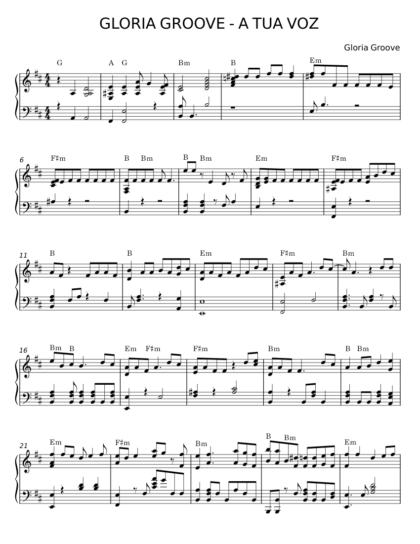 A TUA VOZ - GLORIA GROOVE Sheet music for Piano (Solo) | Musescore.com