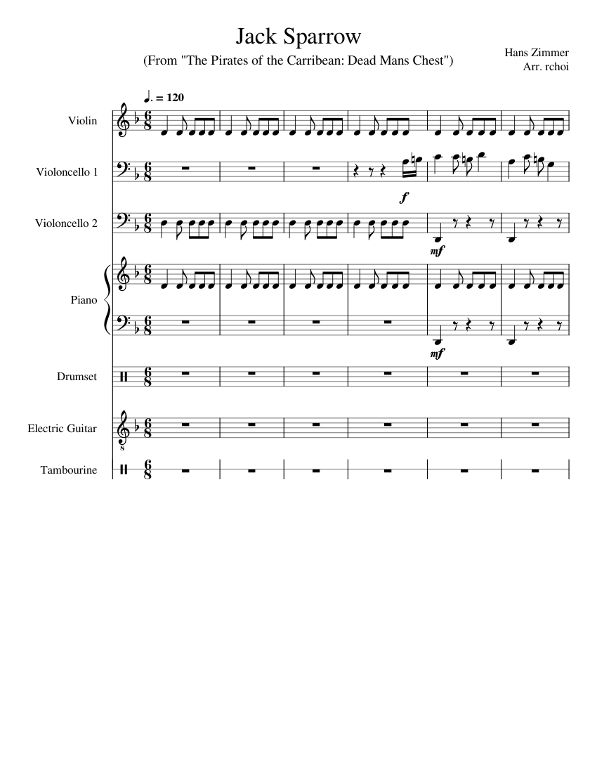 Jack Sparrow – Hans Zimmer Sheet music for Piano, Tambourine, Violin ...