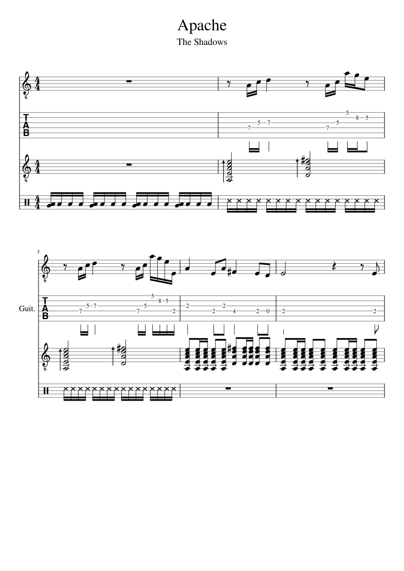 Apache - The-Shadows Sheet music for Guitar, Drum group (Mixed Quartet ...