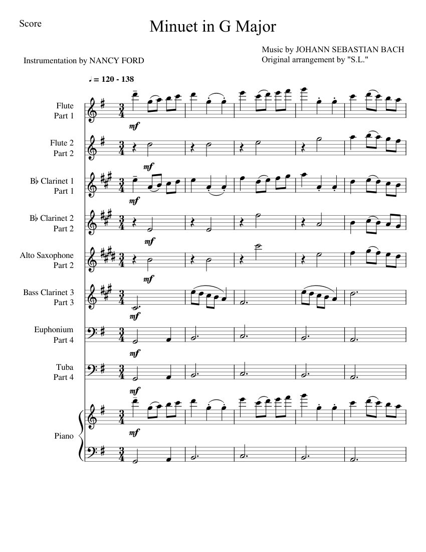 Minuet in G Major - Johann Sebastian Bach (for wind ensemble) Sheet ...