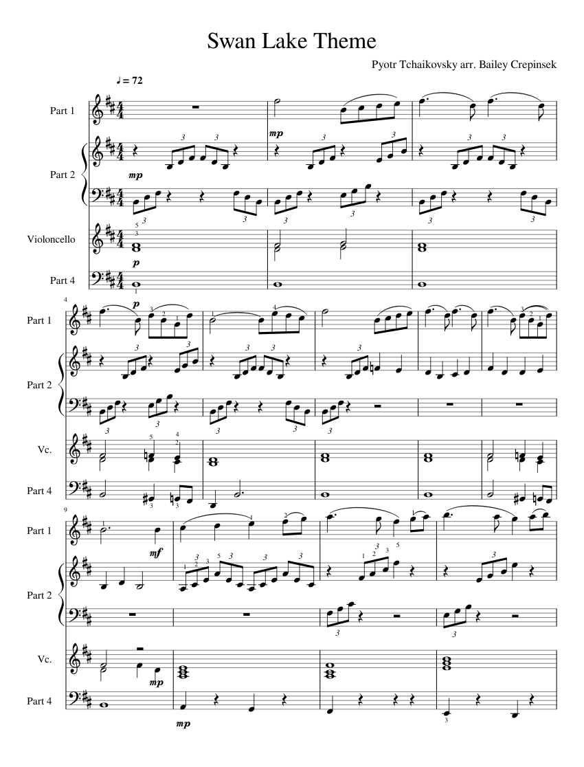 Swan Lake Theme Sheet music for Oboe, Contrabass, Cello, Harp (Mixed ...