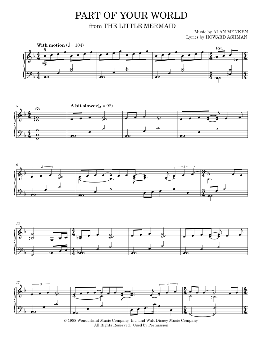 Play Official version of Part of Your World sheet music by Alan Menken ...