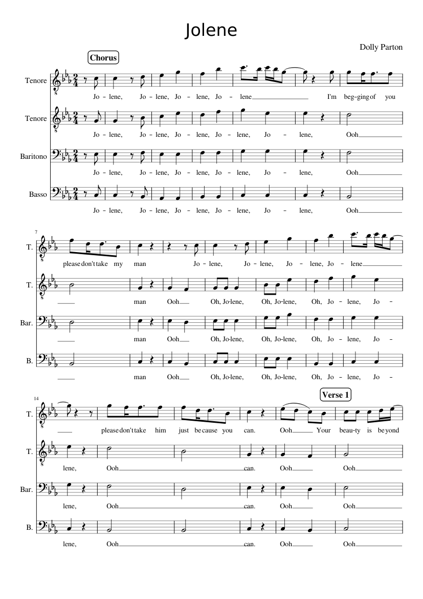 Jolene Sheet music for Tenor, Bass voice, Baritone (A Capella ...