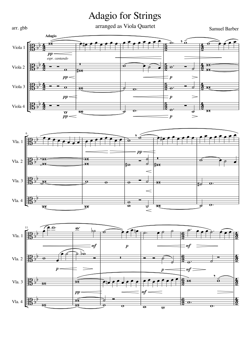 Adagio for Strings – Samuel Barber for 4 violas Sheet music for Viola (String Ensemble ...