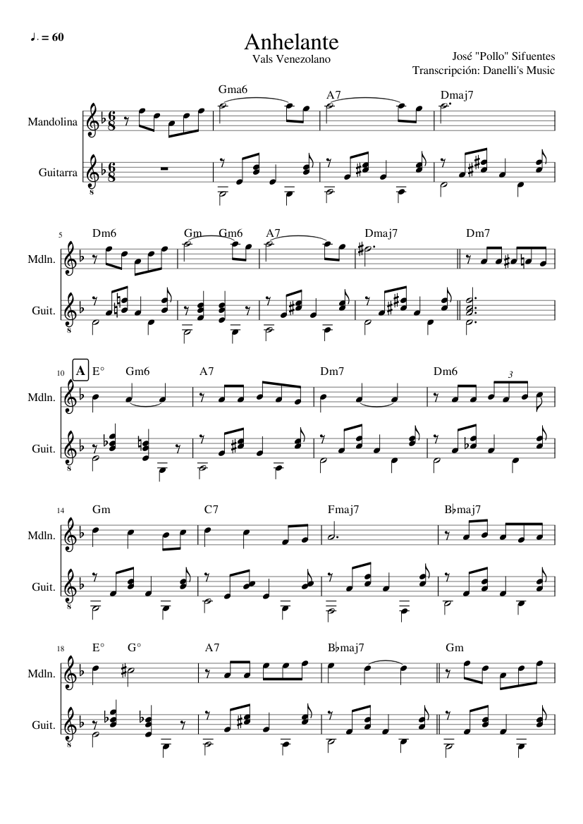 Anhelante Vals Venezolano Sheet Music with Chords for Violin, Guitar ...