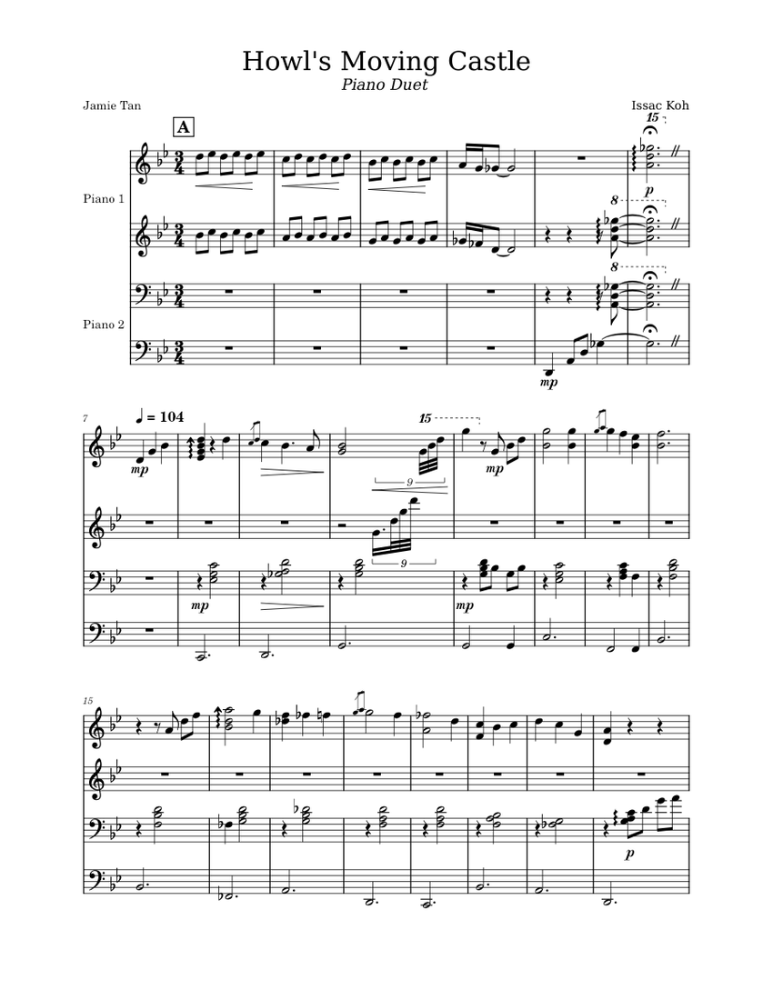 Howl's Moving Castle Piano Duet - piano tutorial